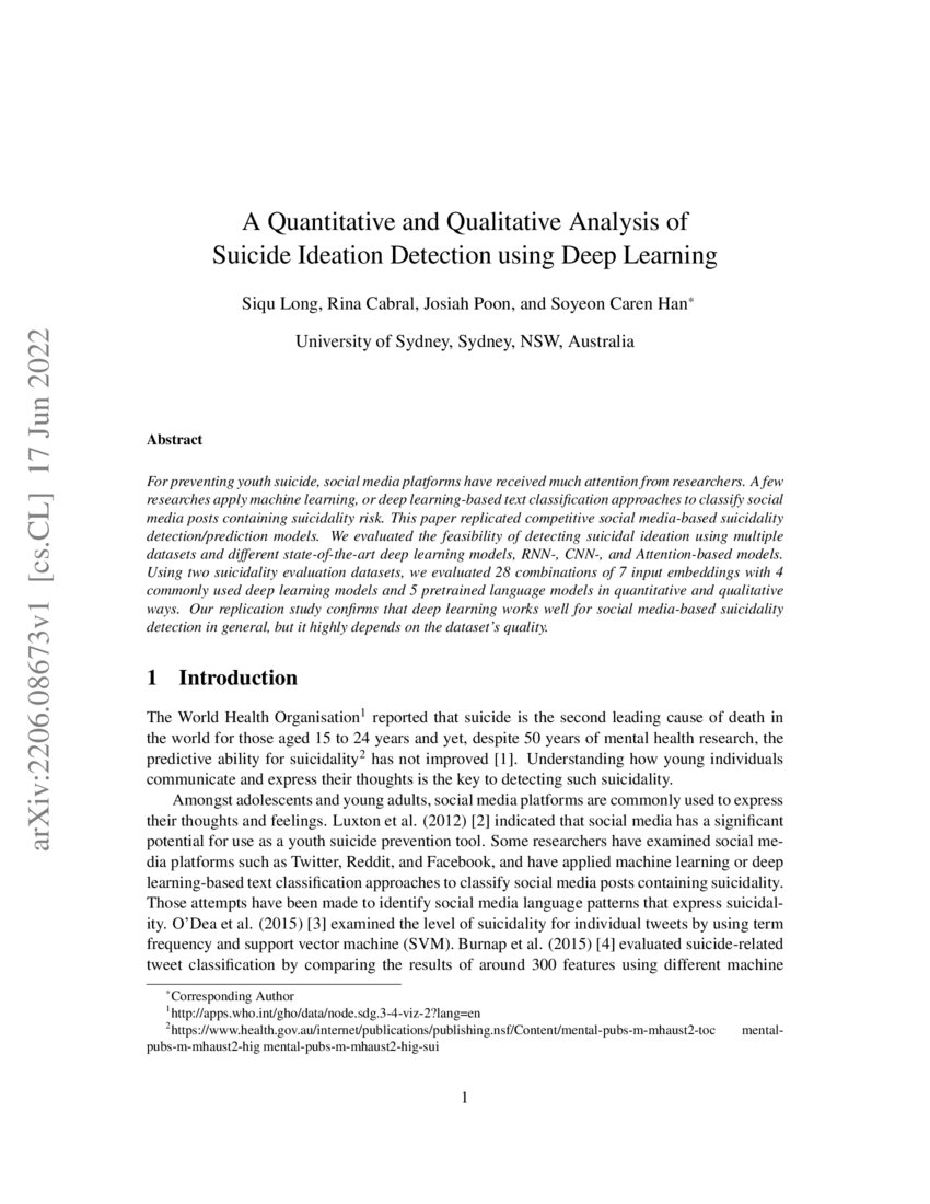 A Quantitative And Qualitative Analysis Of Suicide Ideation Detection Using Deep Learning Deepai