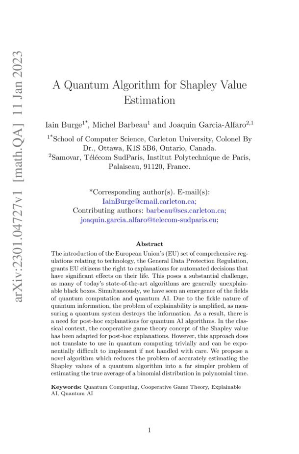 A Quantum Algorithm For Shapley Value Estimation Deepai