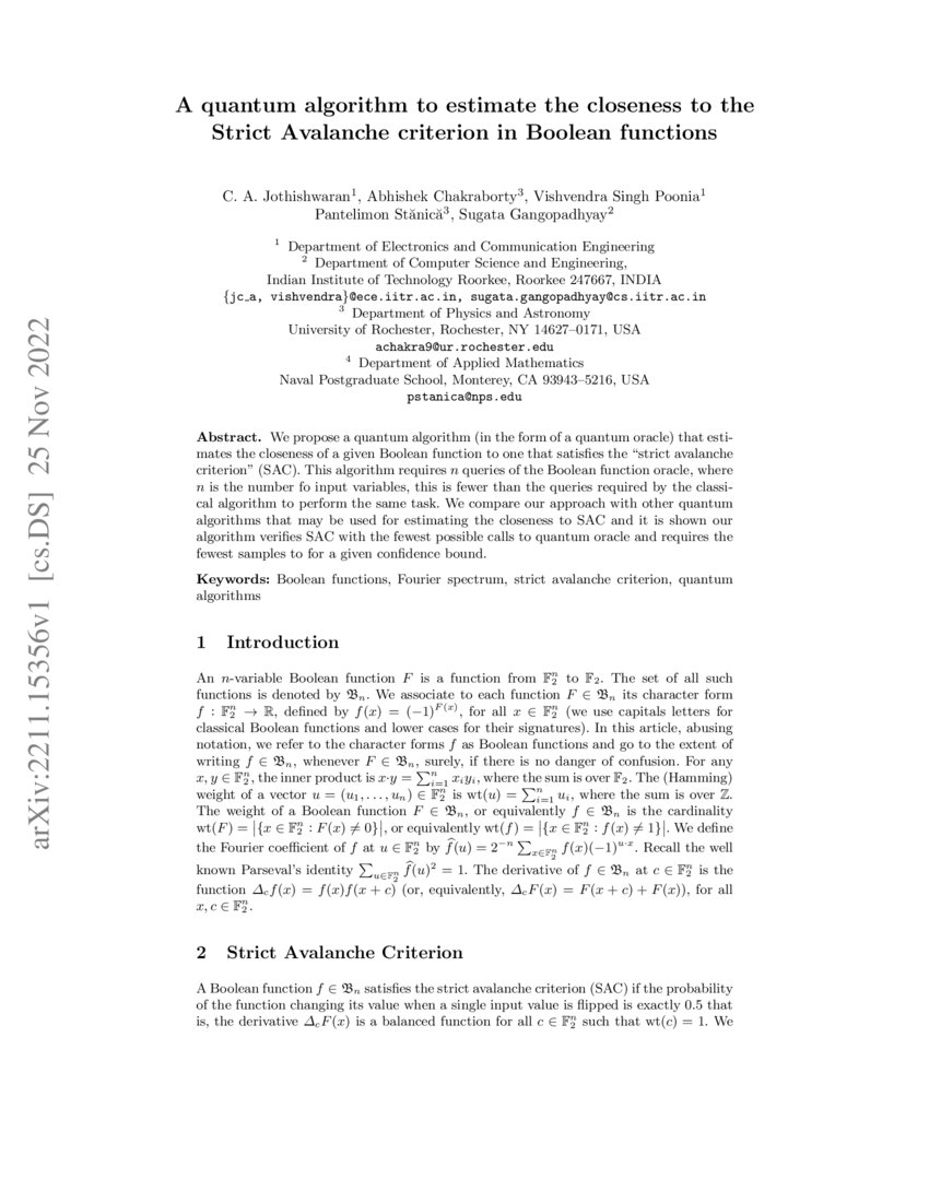 A Quantum Algorithm To Estimate The Closeness To The Strict Avalanche Criterion In Boolean