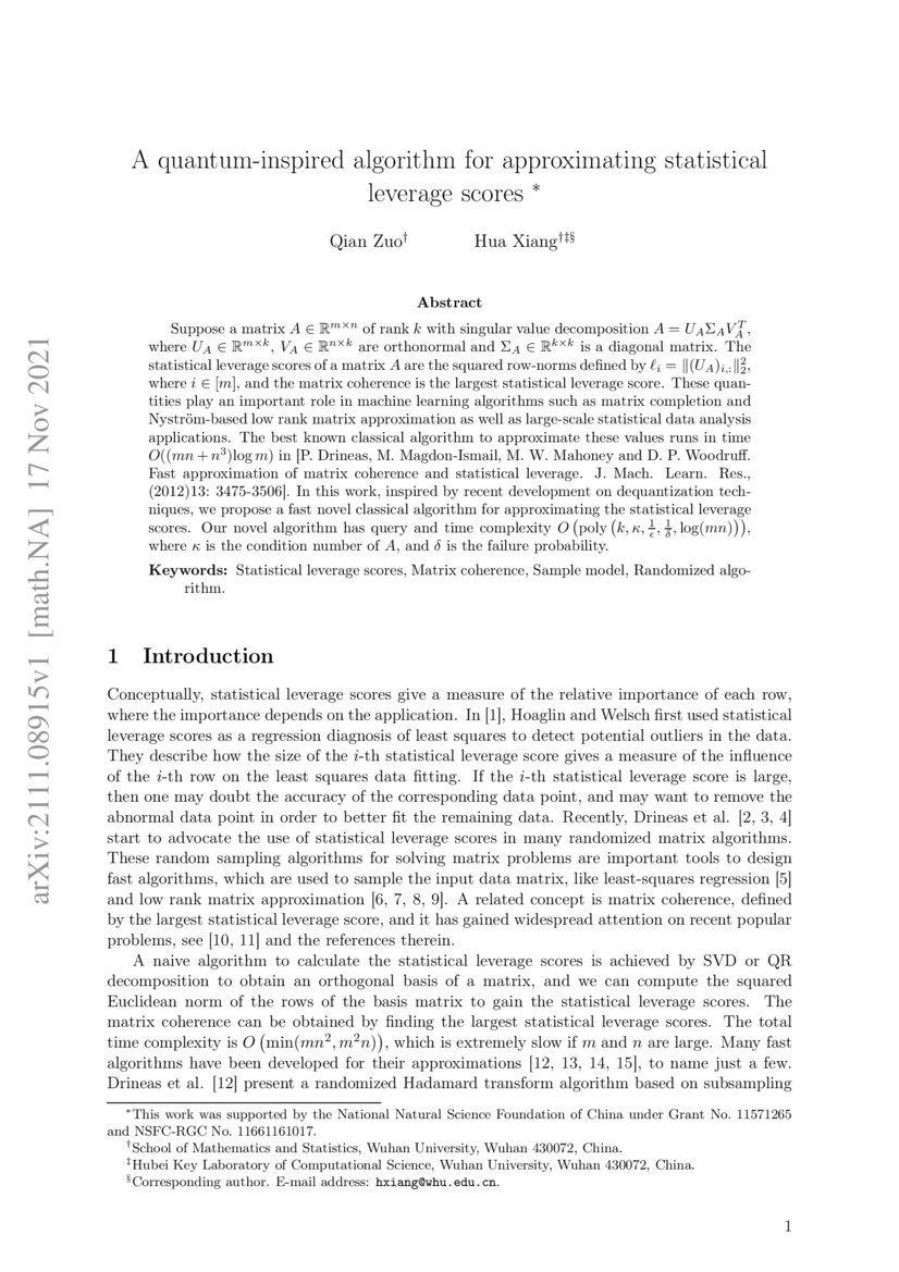 A quantum-inspired algorithm for approximating statistical leverage scores | DeepAI