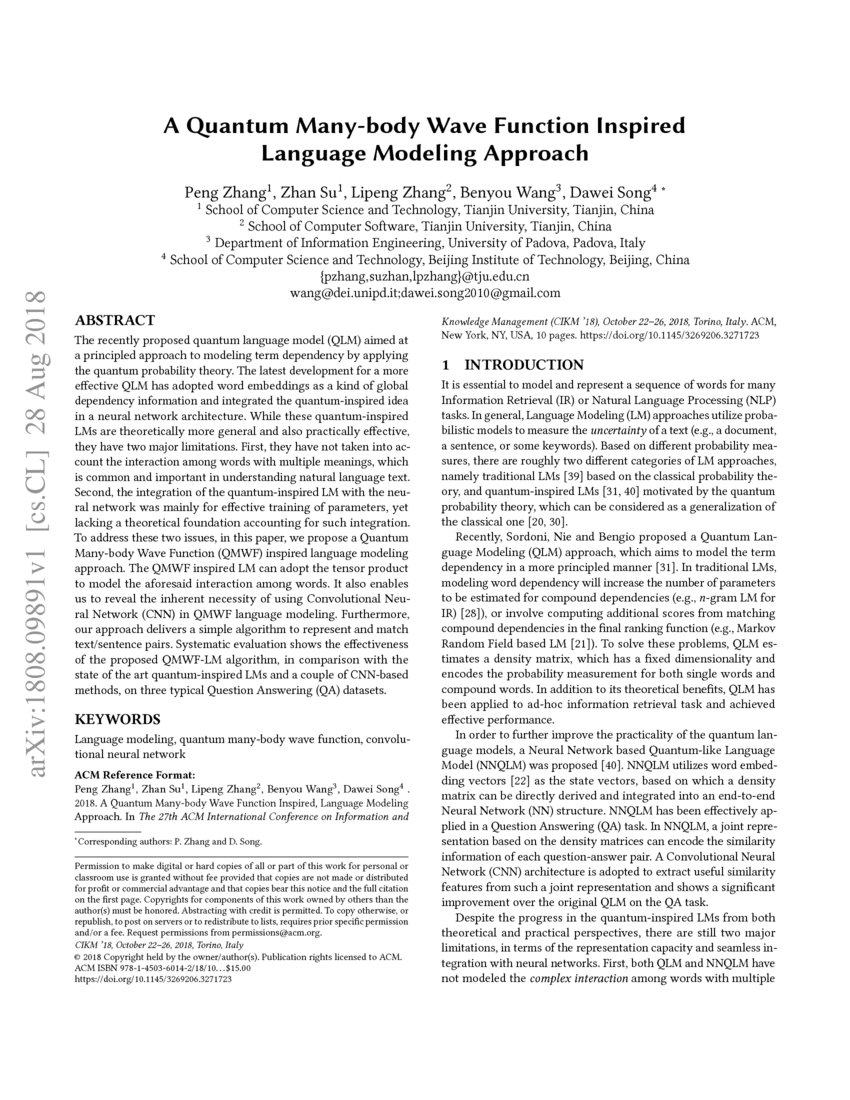 A Quantum Many-body Wave Function Inspired Language Modeling Approach ...