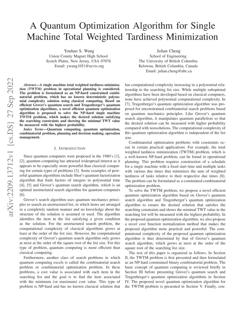 A Quantum Optimization Algorithm For Single Machine Total Weighted Tardiness Minimization Deepai 