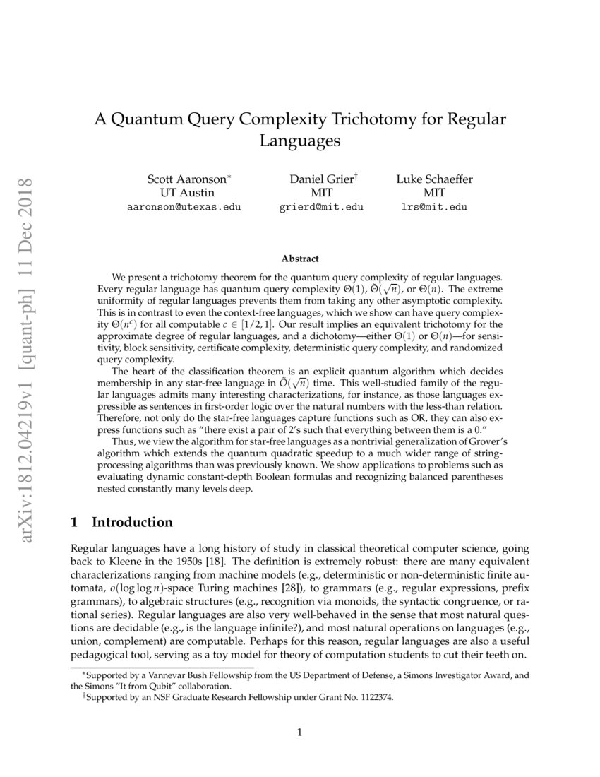 A Quantum Query Complexity Trichotomy For Regular Languages Deepai