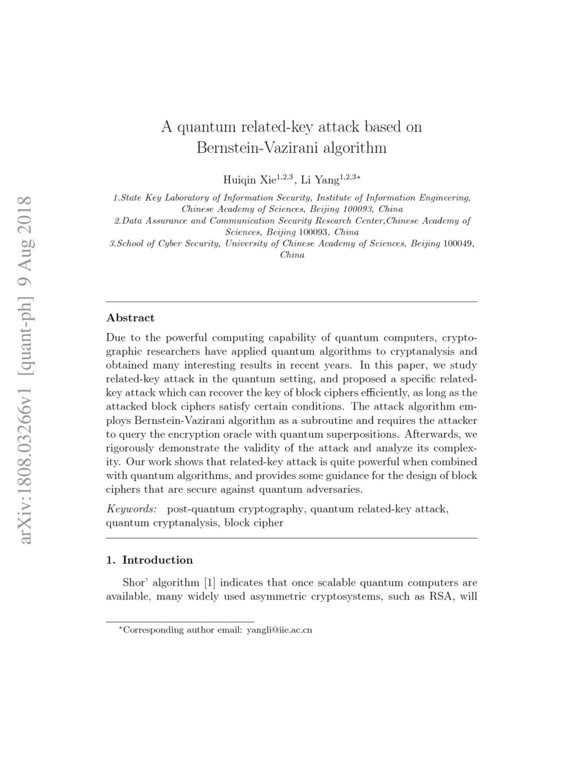 A quantum related-key attack based on Bernstein-Vazirani algorithm | DeepAI
