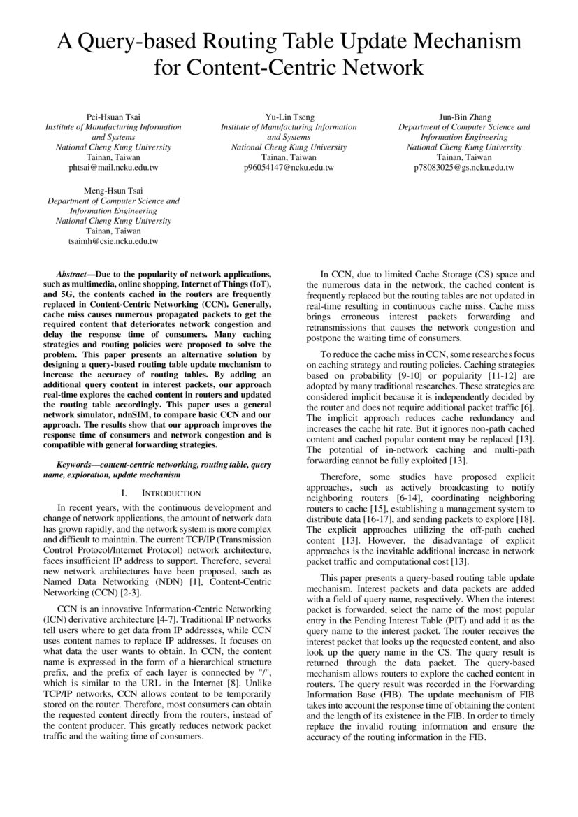 A Query-based Routing Table Update Mechanism for Content-Centric ...