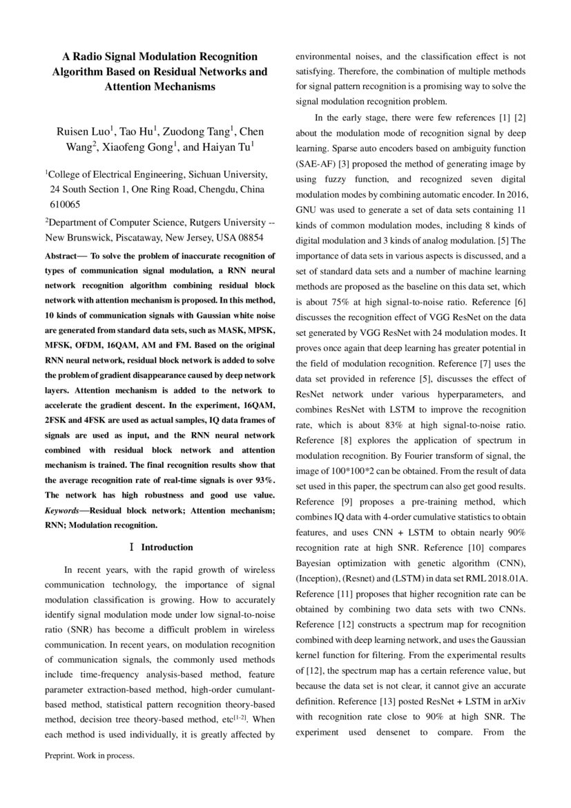 A Radio Signal Modulation Recognition Algorithm Based On Residual