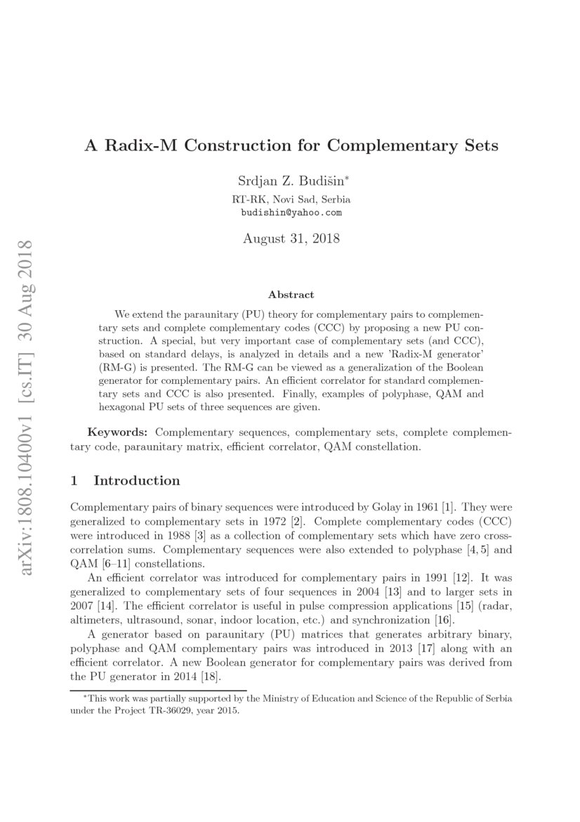 A Radix-M Construction for Complementary Sets | DeepAI