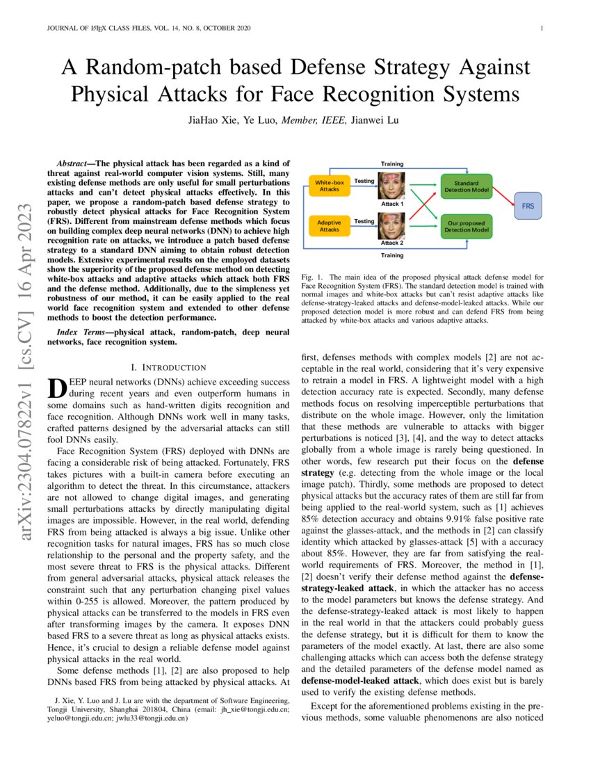 A Random-patch based Defense Strategy Against Physical Attacks for Face Recognition Systems | DeepAI
