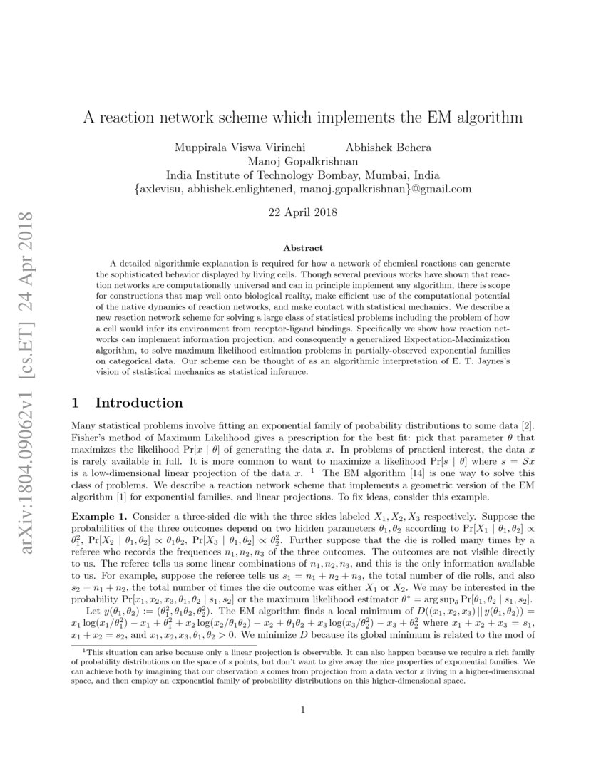 A reaction network scheme which implements the EM algorithm | DeepAI