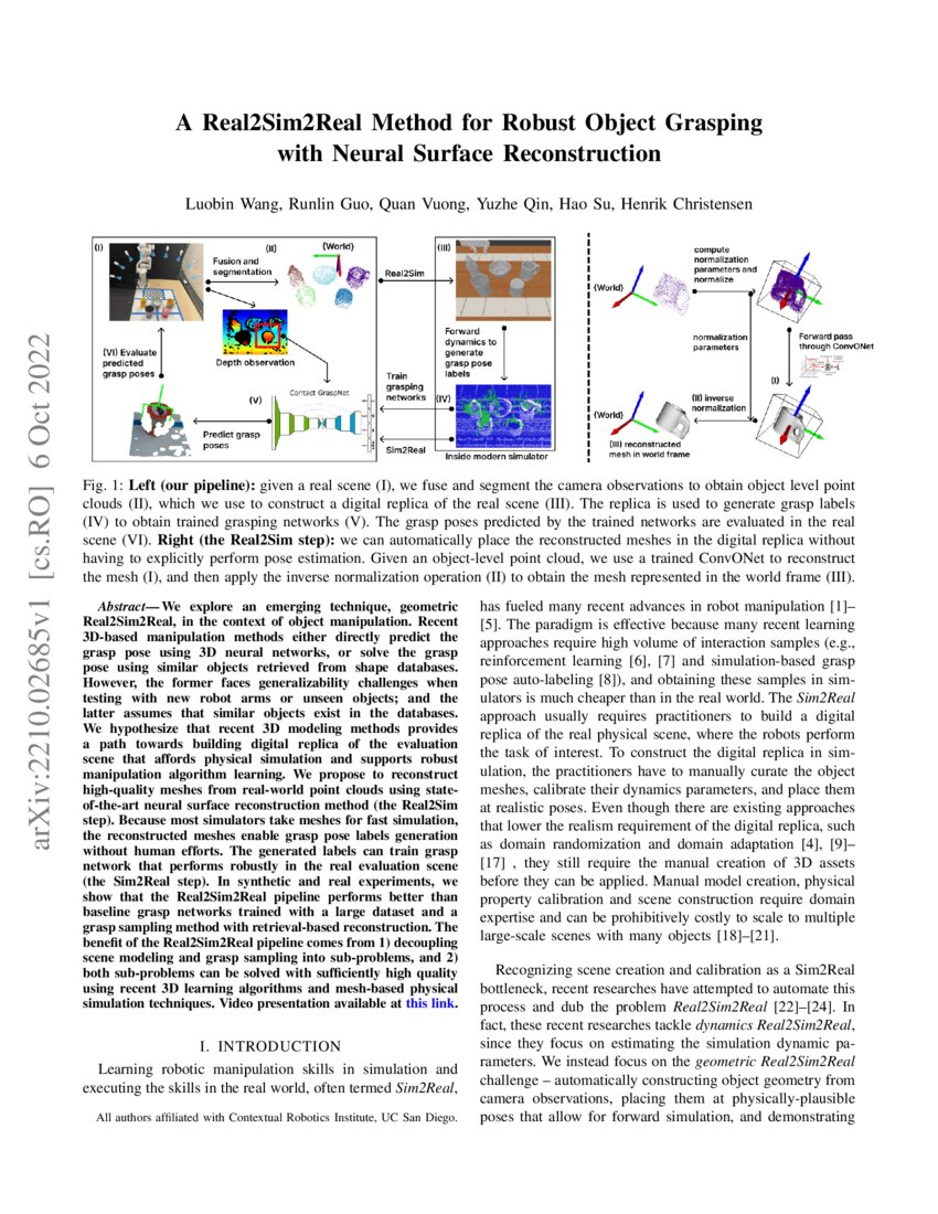 A Real2Sim2Real Method for Robust Object Grasping with Neural Surface Reconstruction | DeepAI