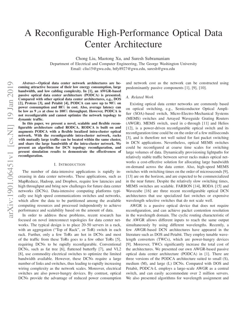 A Reconfigurable High Performance Optical Data Center Architecture Deepai