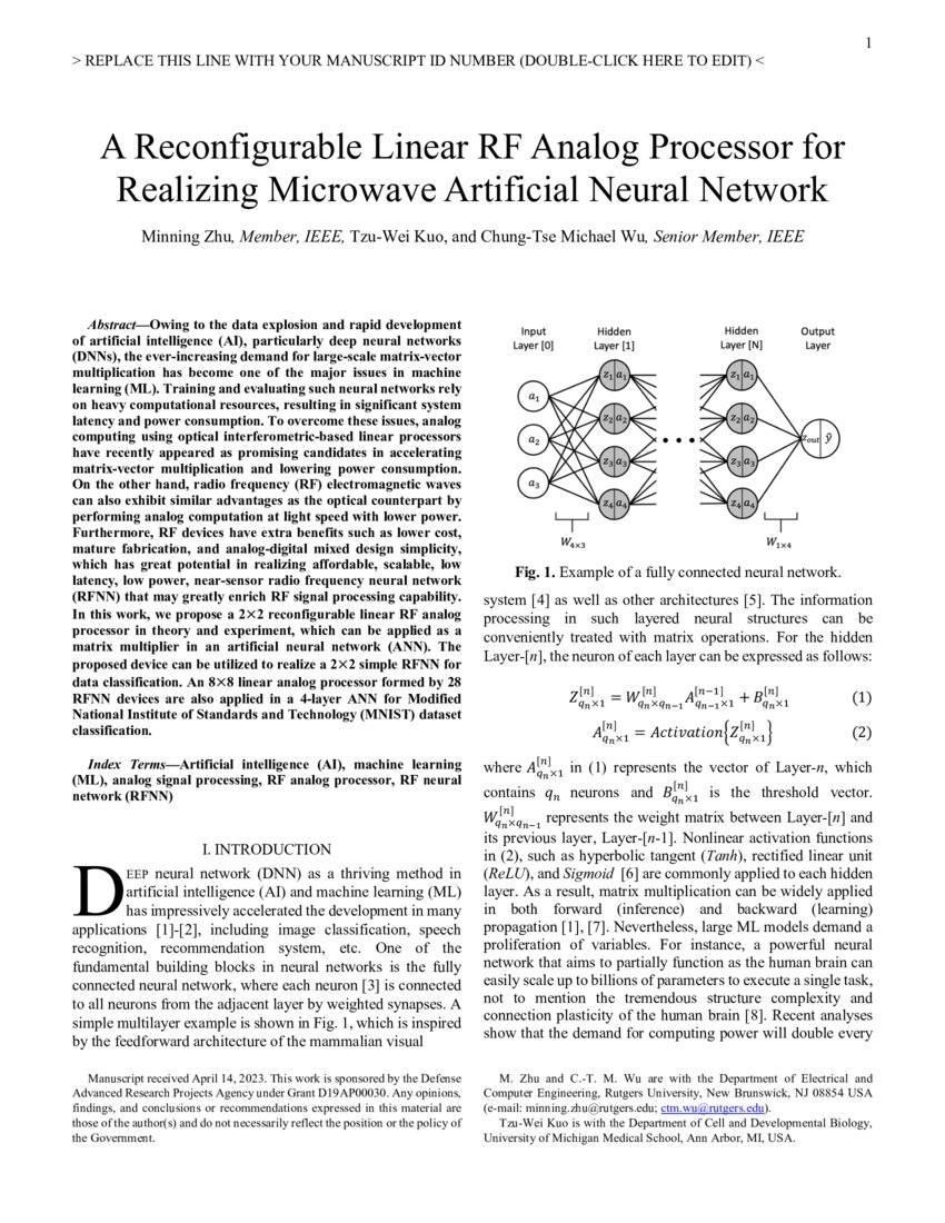 A Reconfigurable Linear Rf Analog Processor For Realizing Microwave Artificial Neural Network