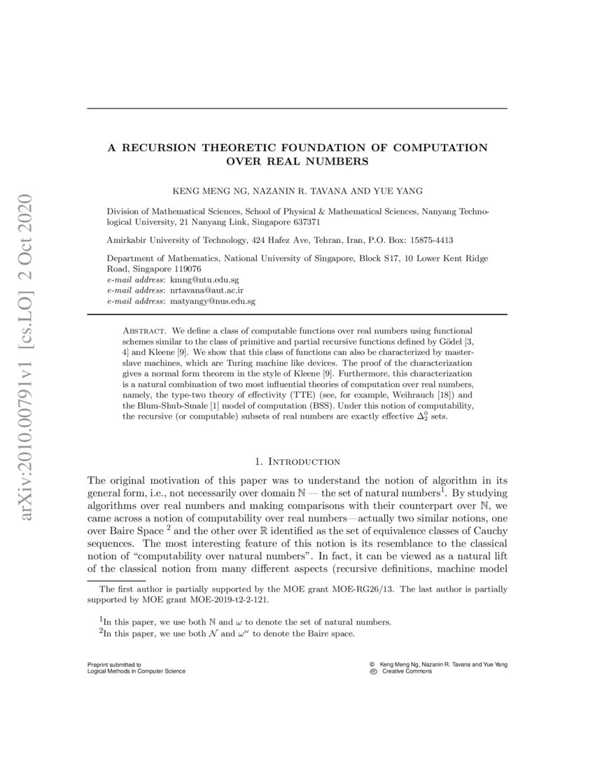 A Recursion Theoretic Foundation Of Computation Over Real Numbers Deepai 