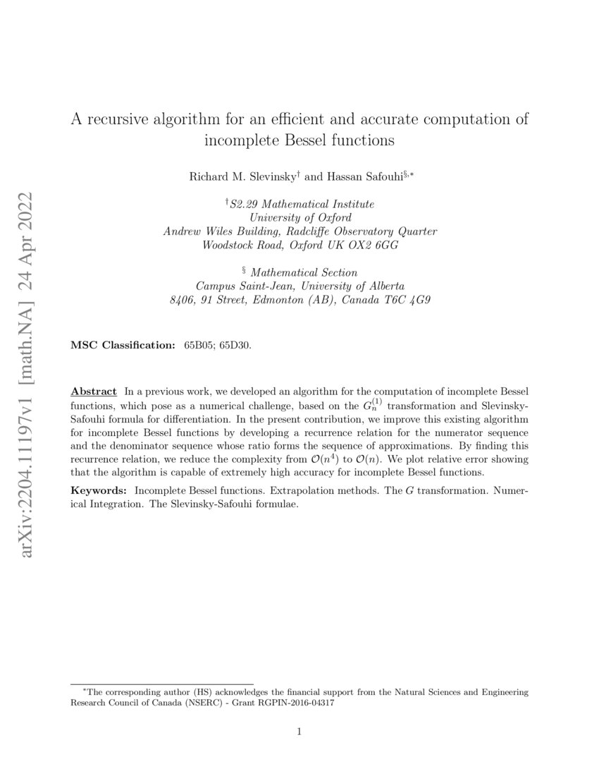 A Recursive Algorithm For An Efficient And Accurate Computation Of Incomplete Bessel Functions