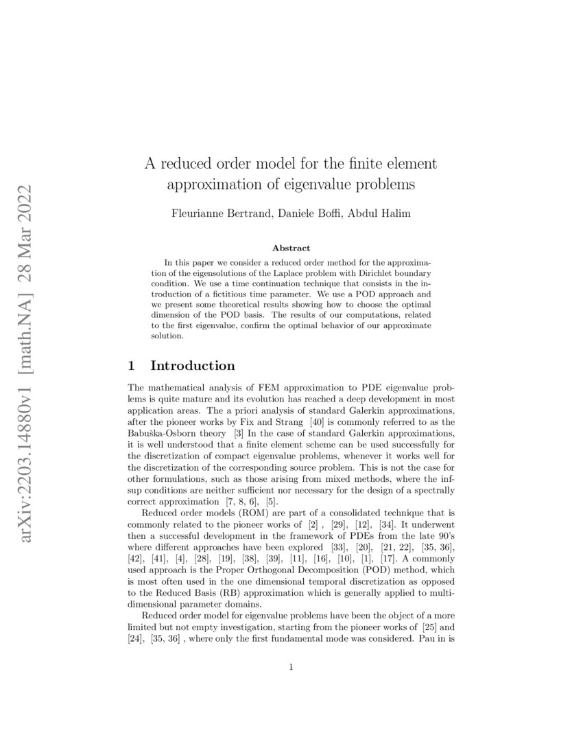 A Reduced Order Model For The Finite Element Approximation Of Eigenvalue Problems Deepai