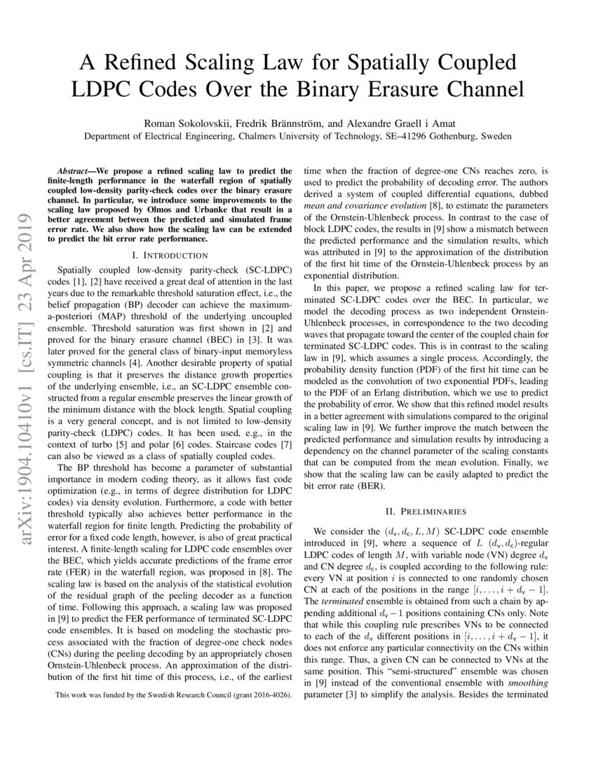 A Refined Scaling Law for Spatially Coupled LDPC Codes Over the Binary Erasure Channel | DeepAI
