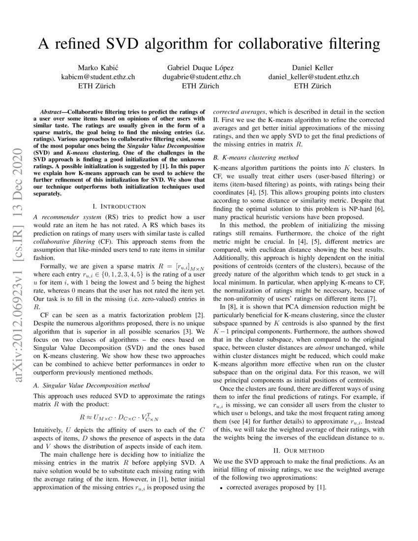 A Refined SVD Algorithm for Collaborative Filtering | DeepAI