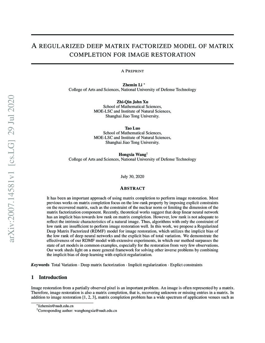 A regularized deep matrix factorized model of matrix completion for image restoration | DeepAI