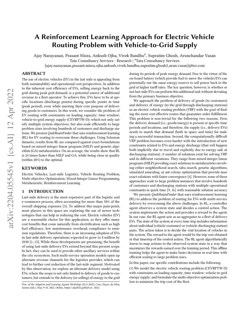 A Reinforcement Learning Approach For Electric Vehicle Routing Problem With Vehicle To Grid