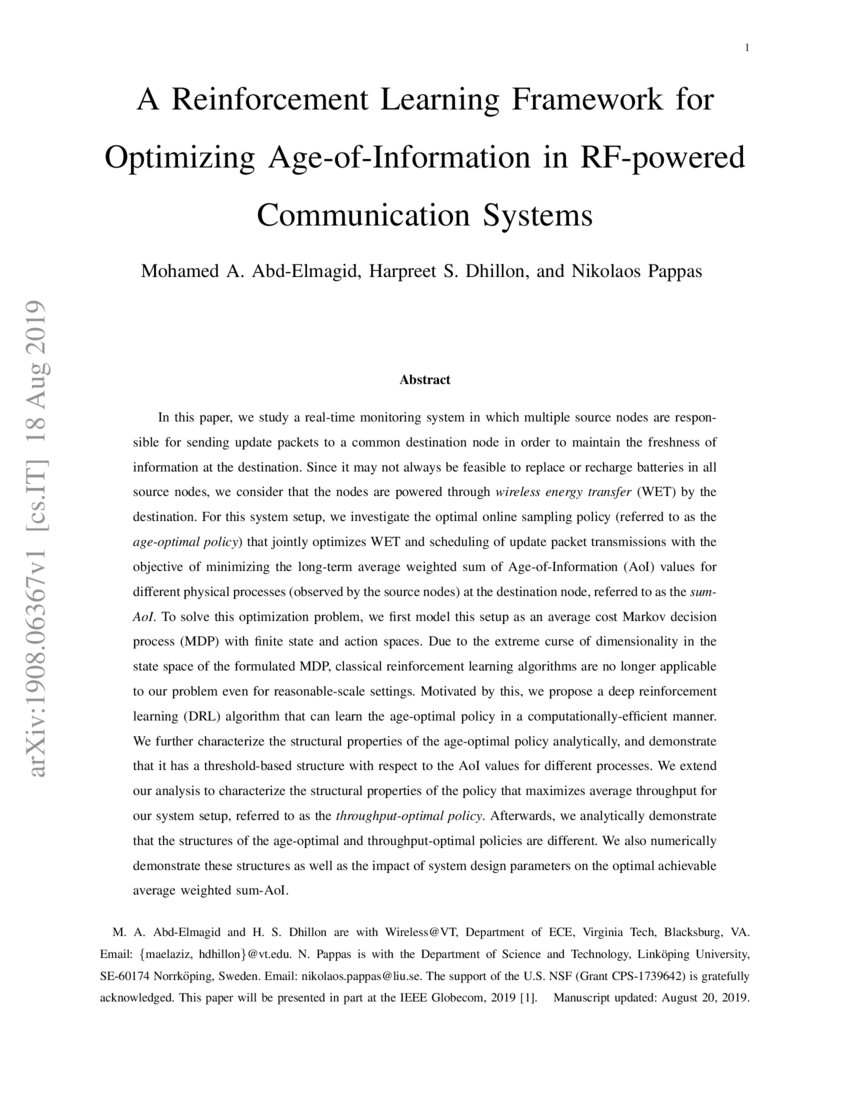 A Reinforcement Learning Framework For Optimizing Age Of Information In Rf Powered Communication