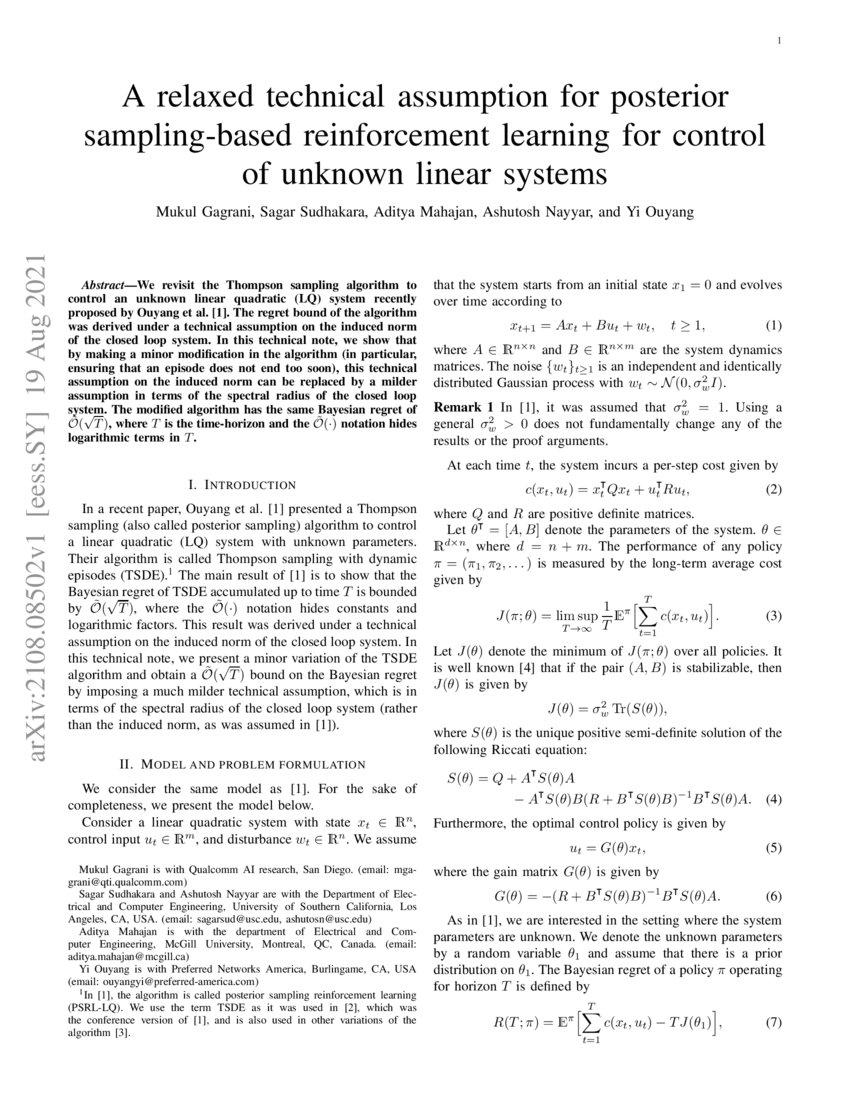A relaxed technical assumption for posterior sampling-based ...