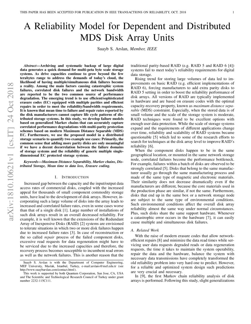 A Reliability Model for Dependent and Distributed MDS Disk Array Units | DeepAI