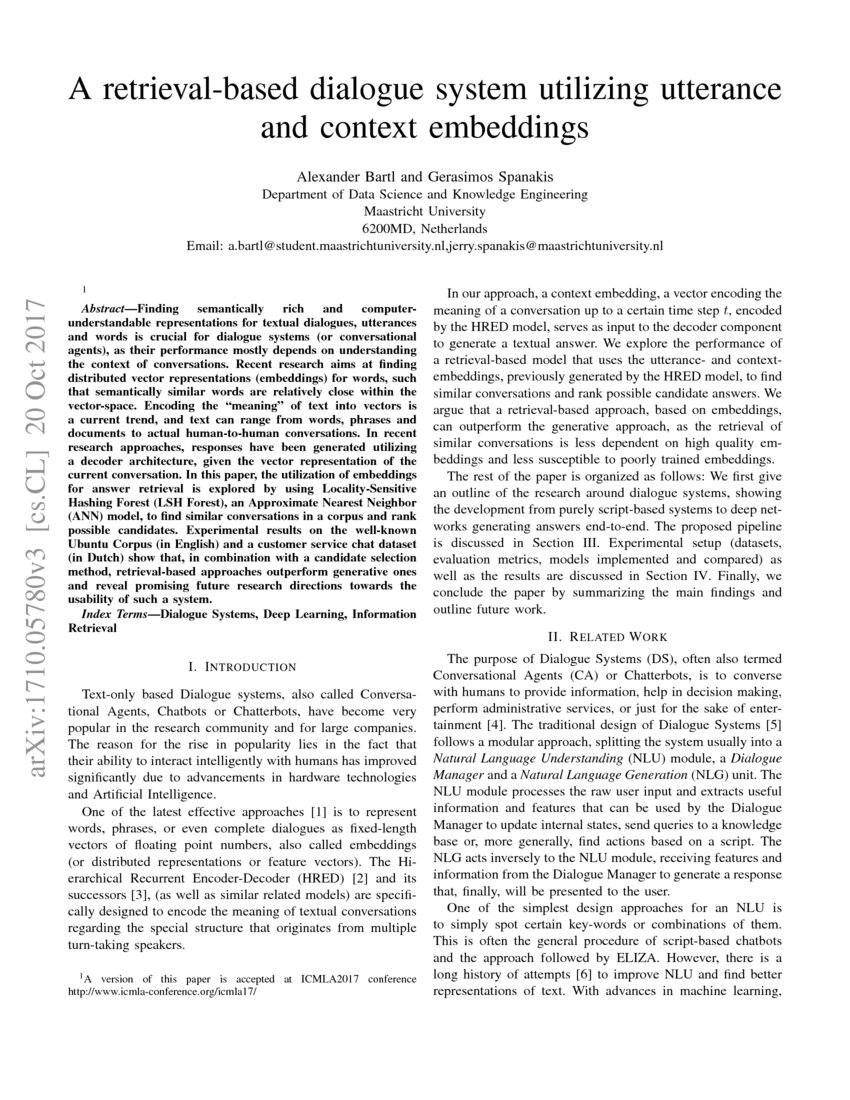 A retrieval-based dialogue system utilizing utterance and context embeddings | DeepAI