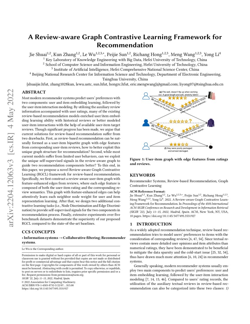 A Review-aware Graph Contrastive Learning Framework for Recommendation | DeepAI