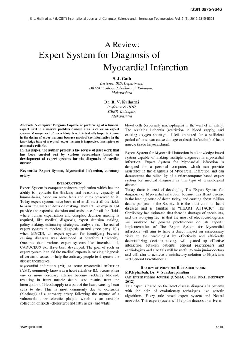 A Review: Expert System for Diagnosis of Myocardial Infarction | DeepAI