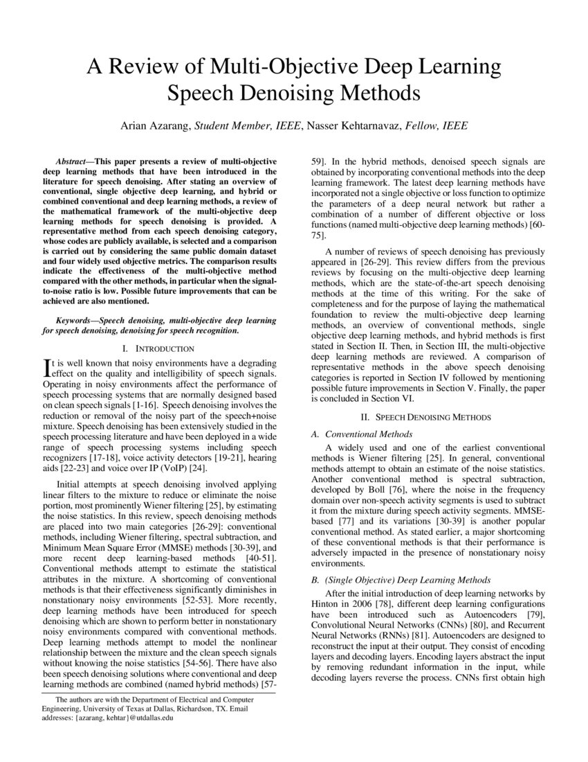 A Review of Multi-Objective Deep Learning Speech Denoising Methods | DeepAI