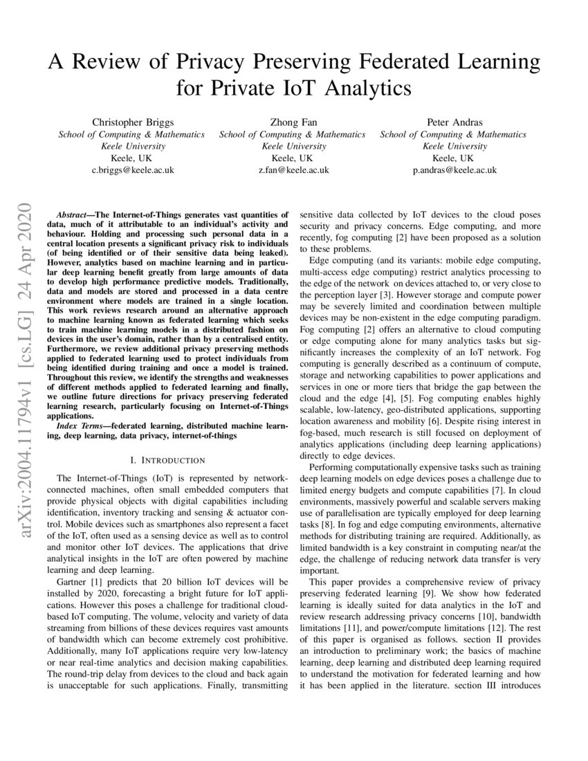 A Review of Privacy Preserving Federated Learning for Private IoT Analytics | DeepAI