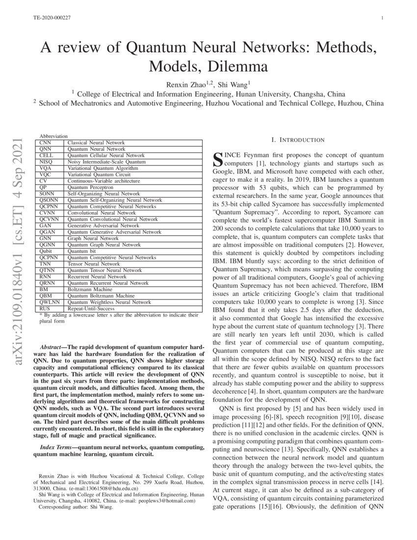 A review of Quantum Neural Networks: Methods, Models, Dilemma | DeepAI