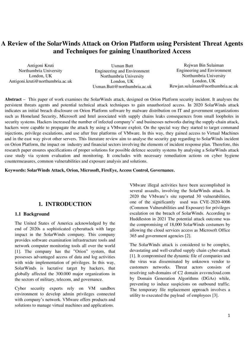 A review of SolarWinds attack on Orion platform using persistent threat ...