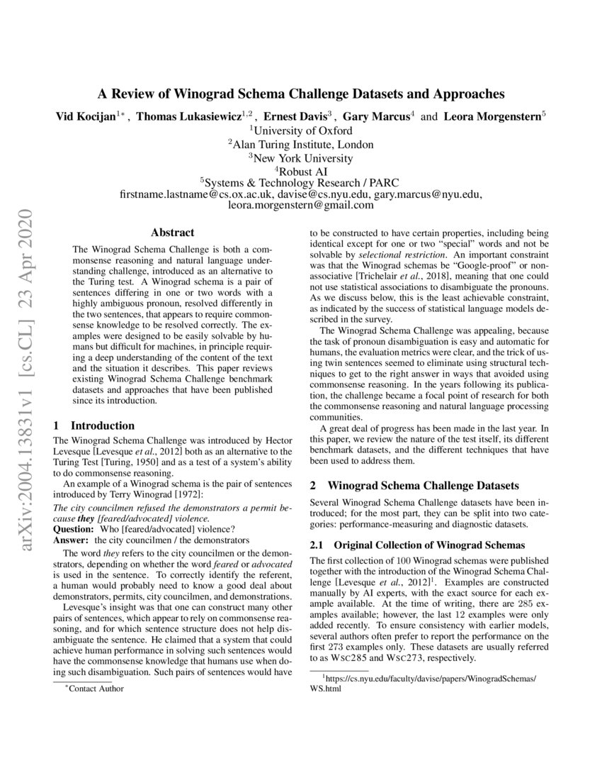 A Review of Winograd Schema Challenge Datasets and Approaches | DeepAI