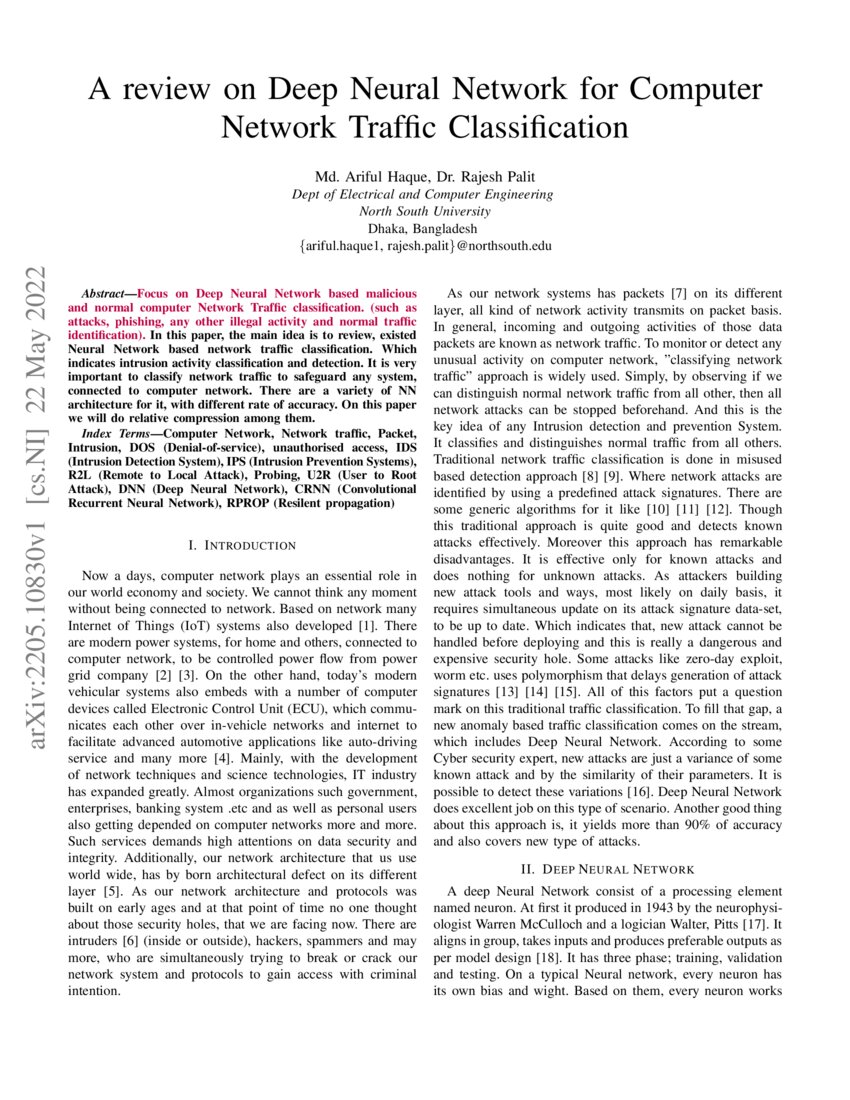 A Review On Deep Neural Network For Computer Network Traffic Classification Deepai
