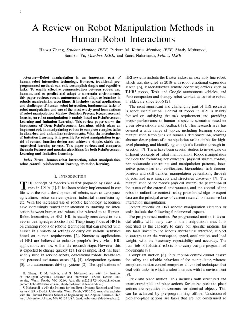 A Review on Robot Manipulation Methods in Human-Robot Interactions | DeepAI