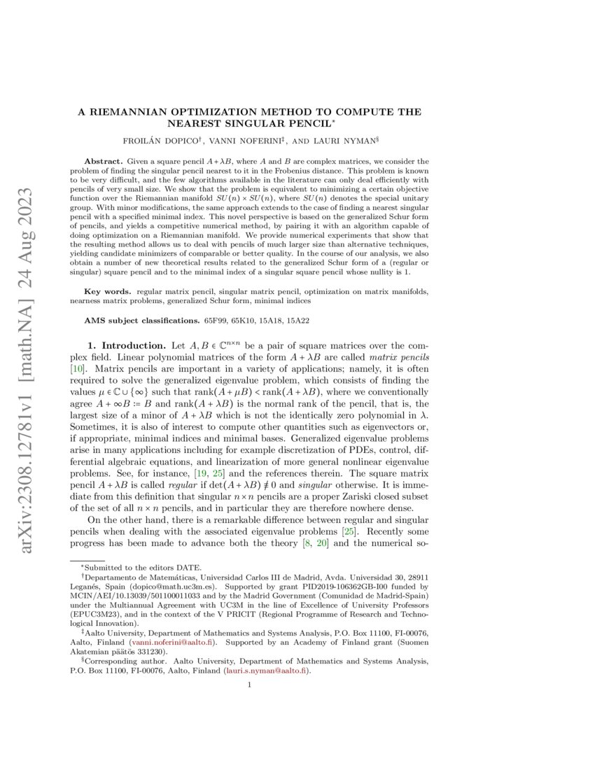 A Riemannian optimization method to compute the nearest singular pencil | DeepAI