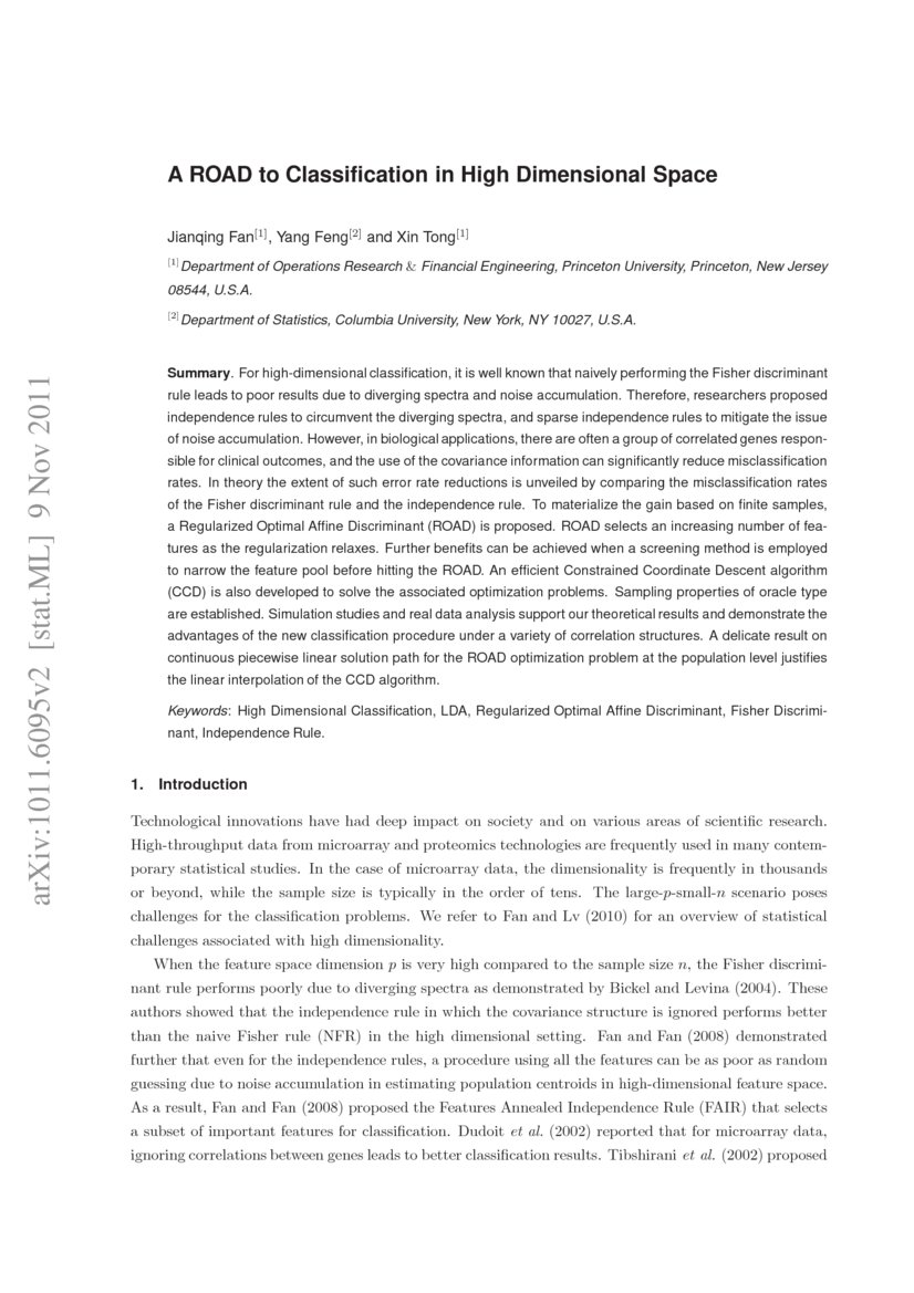 A ROAD to Classification in High Dimensional Space | DeepAI