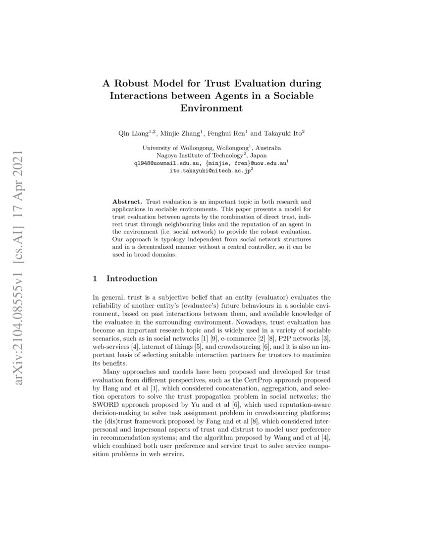 A Robust Model For Trust Evaluation During Interactions Between Agents In A Sociable Environment