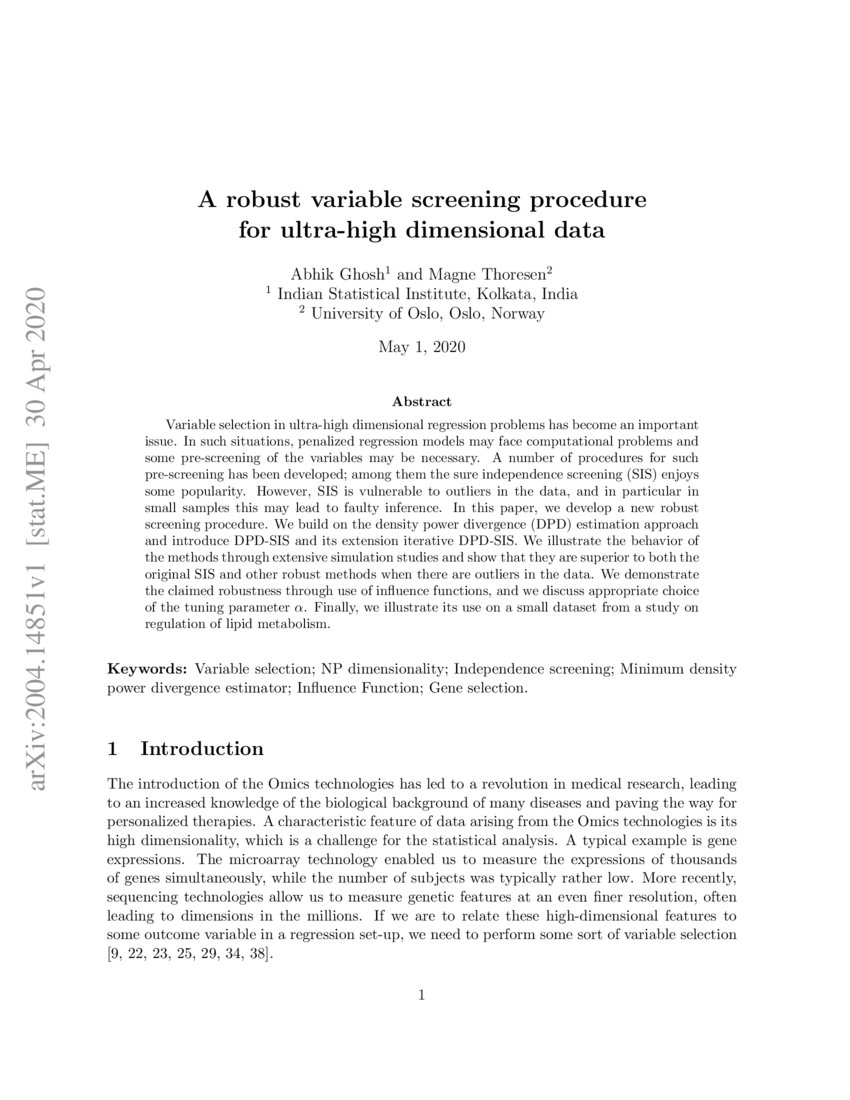 A robust variable screening procedure for ultra-high dimensional data | DeepAI