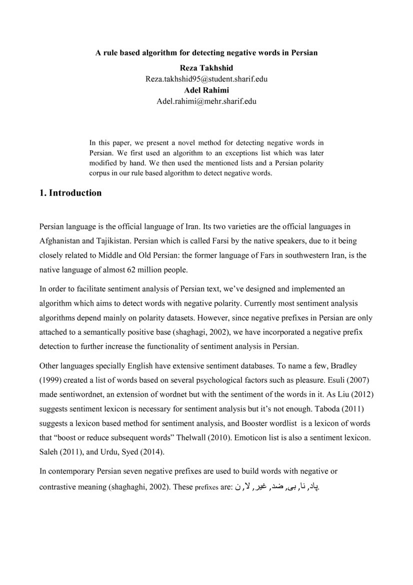 A Rule Based Algorithm For Detecting Negative Words In Persian Deepai