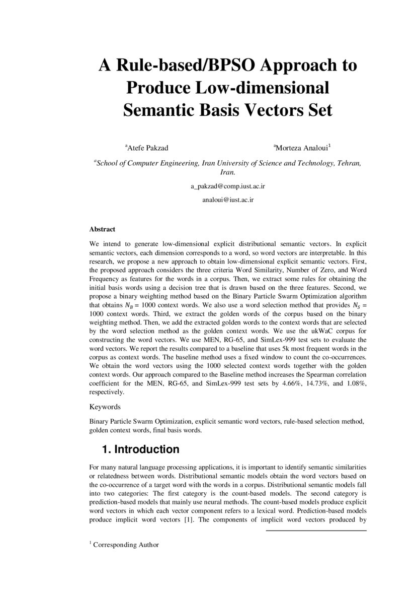 A Rule-based/BPSO Approach to Produce Low-dimensional Semantic Basis Vectors Set | DeepAI