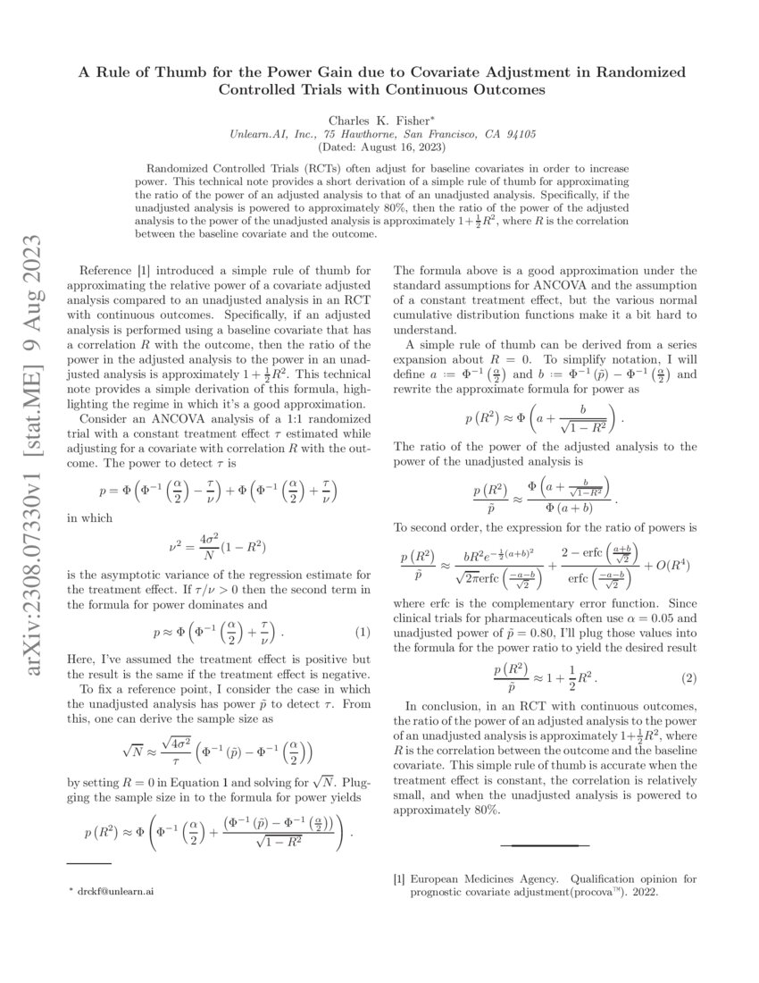 A Rule Of Thumb For The Power Gain Due To Covariate Adjustment In