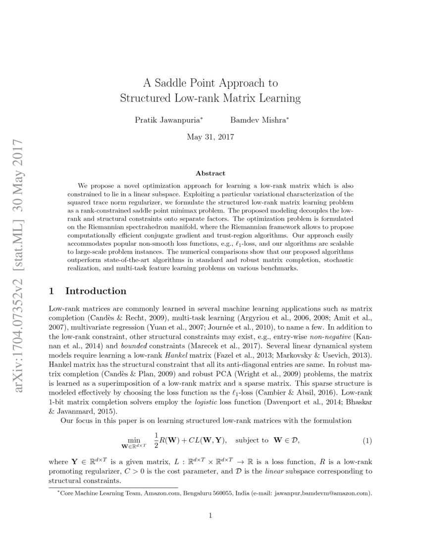 A Saddle Point Approach to Structured Low-rank Matrix Learning | DeepAI