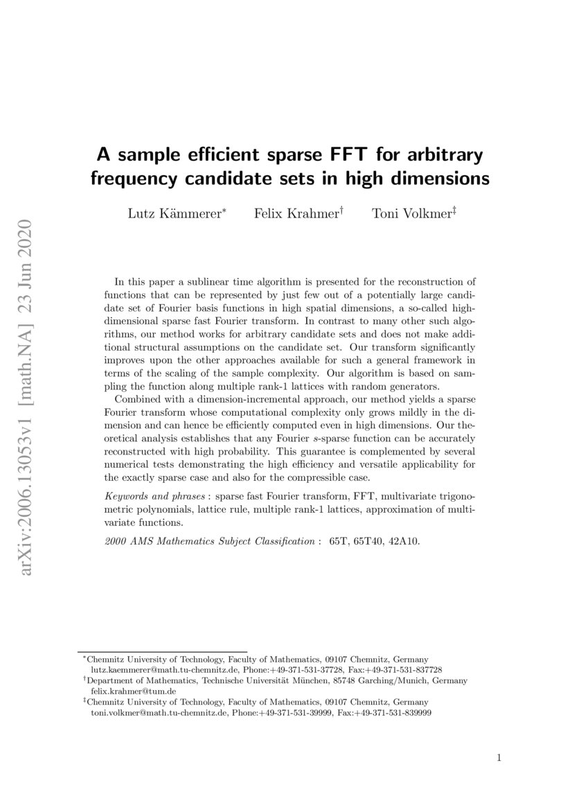 A Sample Efficient Sparse Fft For Arbitrary Frequency Candidate Sets In High Dimensions Deepai