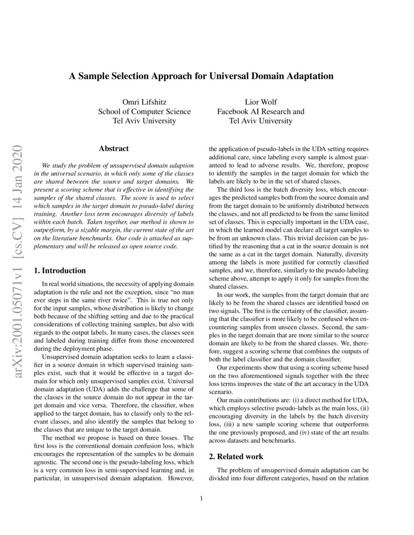 A Sample Selection Approach for Universal Domain Adaptation | DeepAI