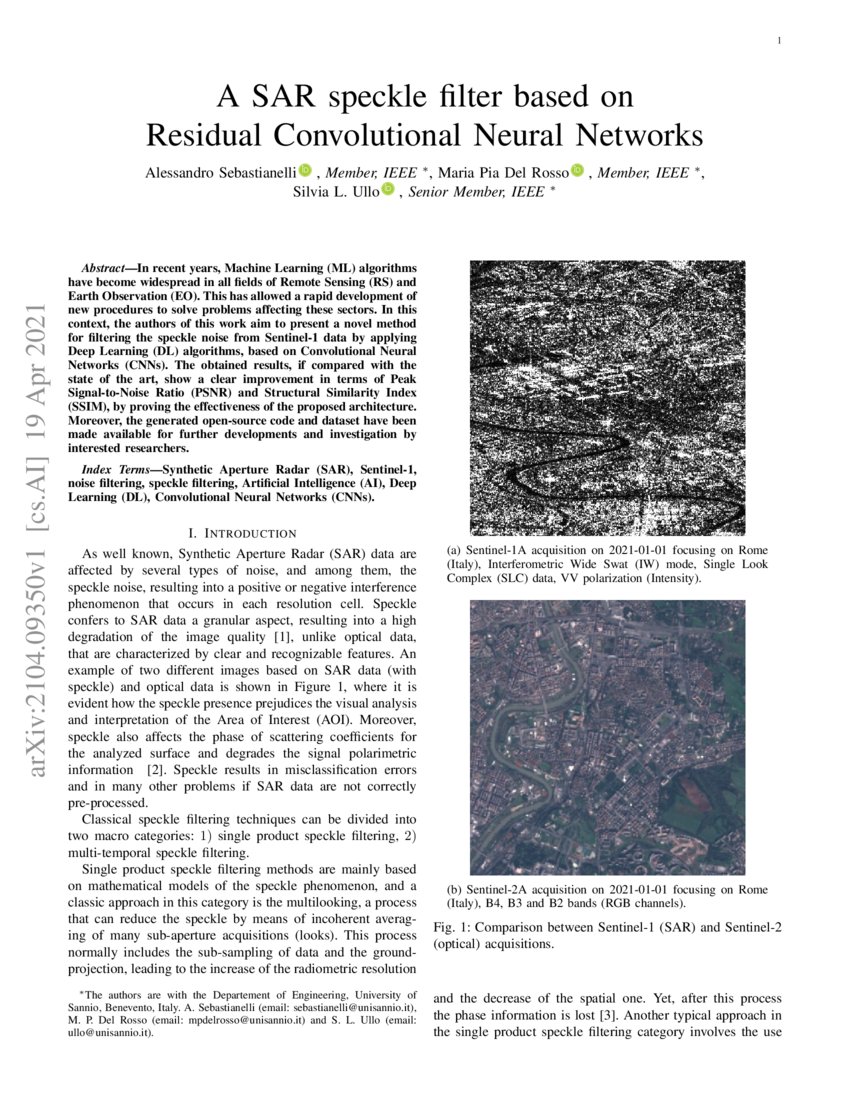 A SAR speckle filter based on Residual Convolutional Neural Networks | DeepAI