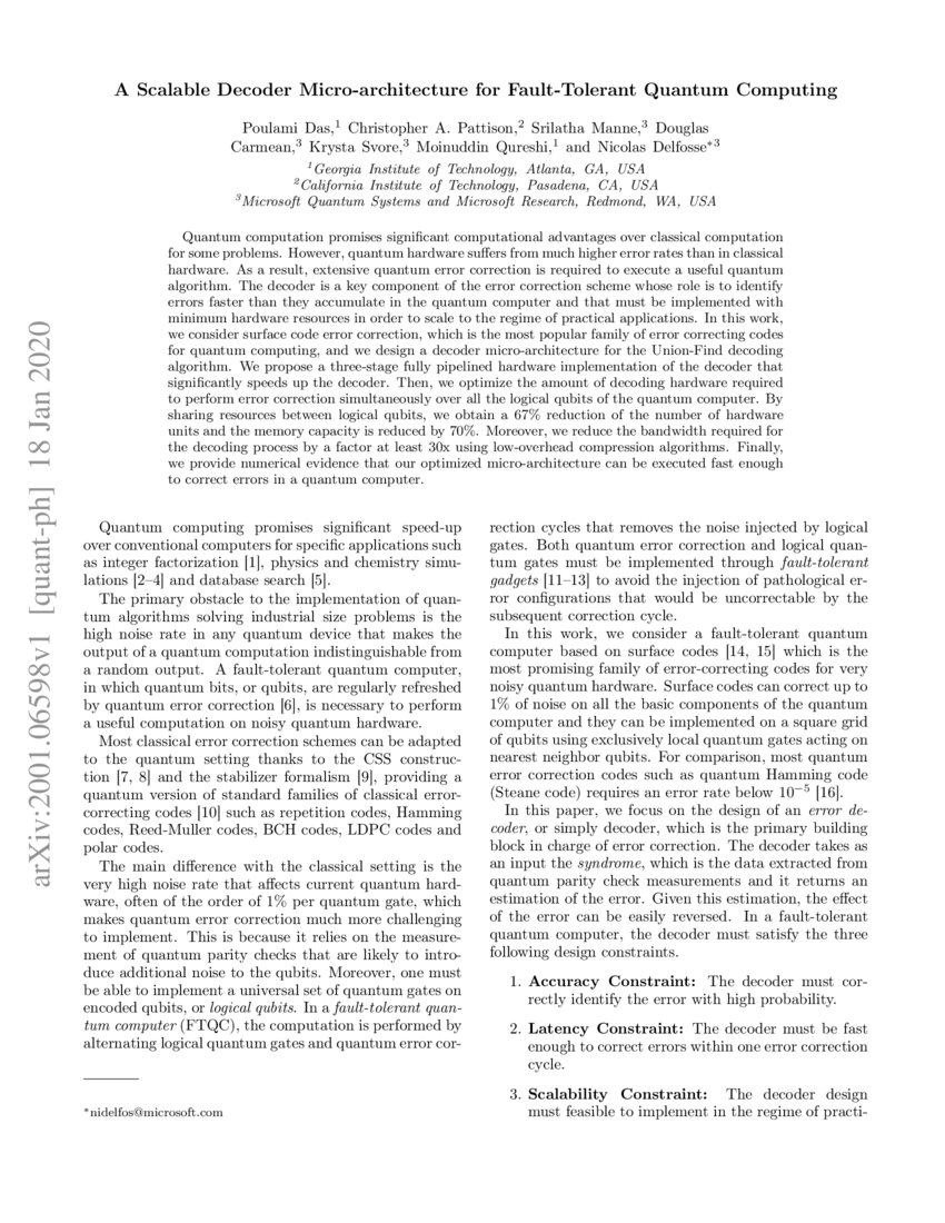 A Scalable Decoder Micro Architecture For Fault Tolerant Quantum Computing Deepai