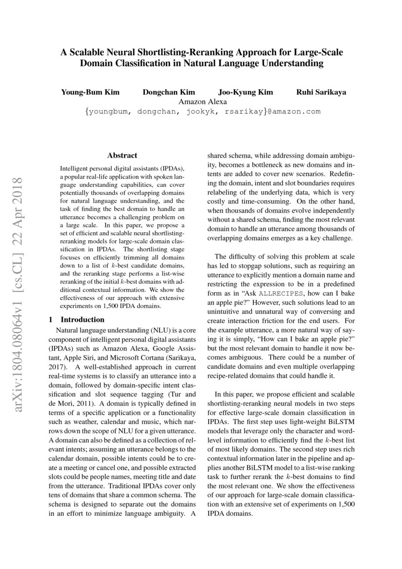 A Scalable Neural Shortlisting Reranking Approach For Large Scale Domain Classification In
