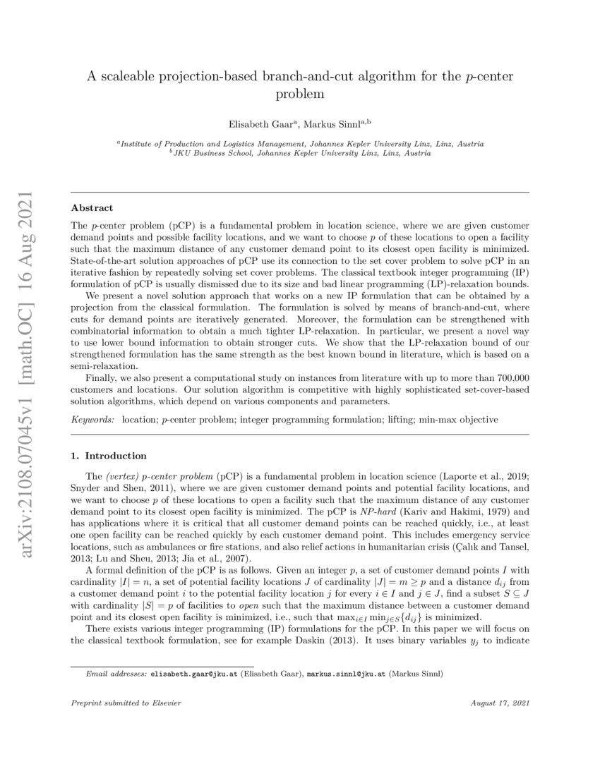 A Scaleable Projection Based Branch And Cut Algorithm For The P Center Problem Deepai